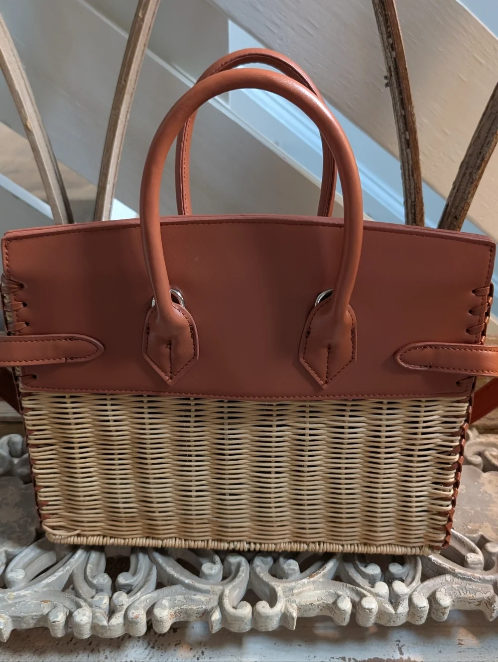 Bags | Woven Raffia Tote With Cognac Leather Trim | Poshmark